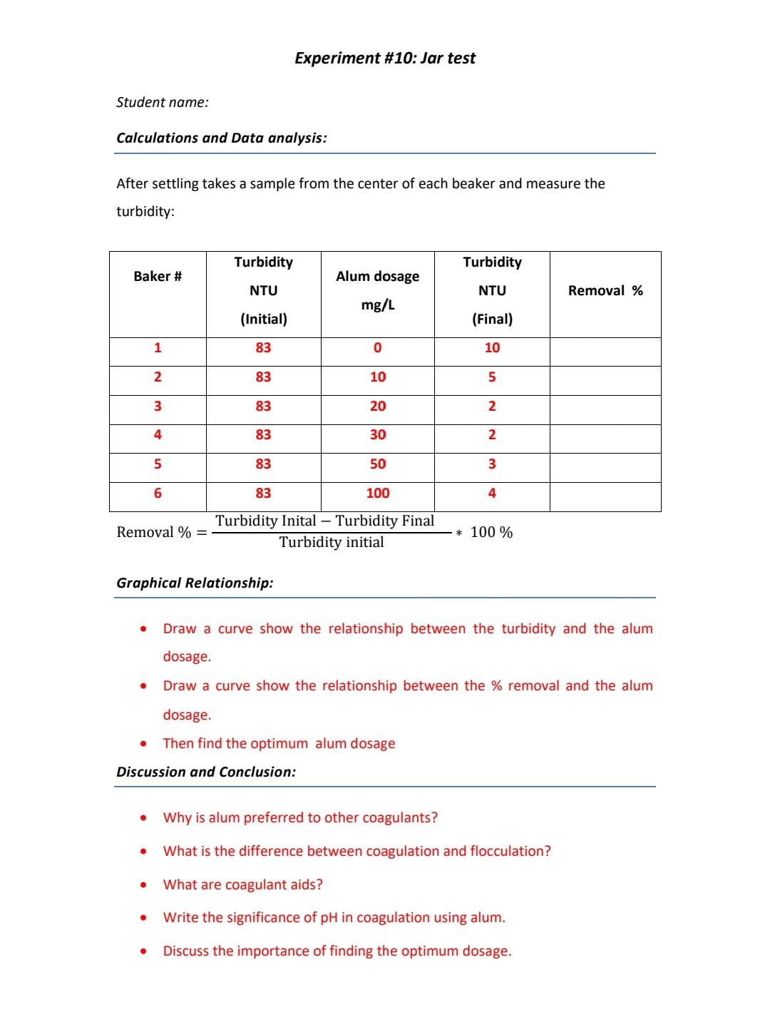 Solved Experiment #10: Jar test Student name: Calculations | Chegg.com