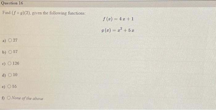 Solved Find (f∘g)(2), given the following functions: | Chegg.com
