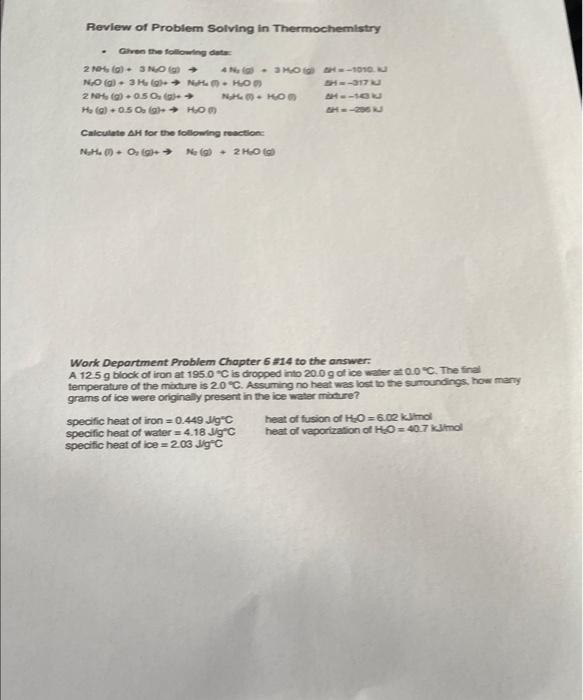 Solved Review of Problem Solving in Thermochemistry Given | Chegg.com