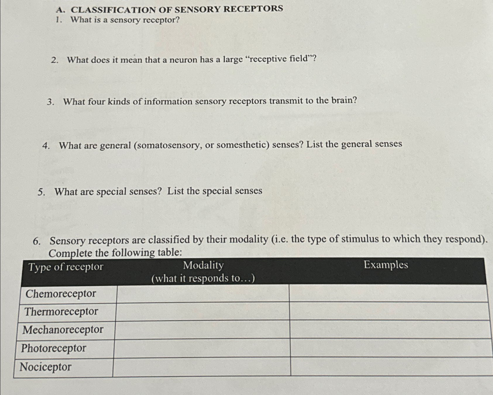 Solved A. ﻿CLASSIFICATION OF SENSORY RECEPTORSWhat is a | Chegg.com