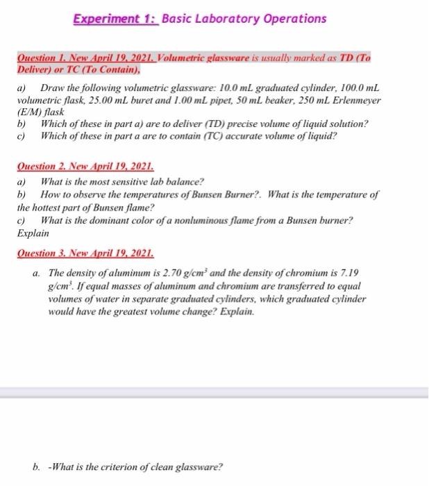 Solved Experiment 1: Basic Laboratory Operations Question 1. | Chegg.com