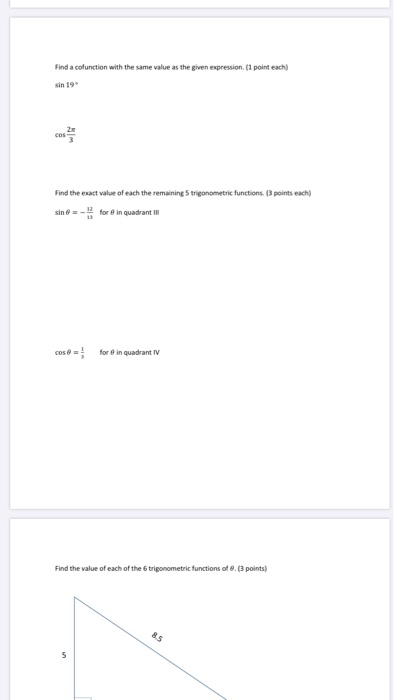 Solved Find a cofunction with the same value as the given | Chegg.com