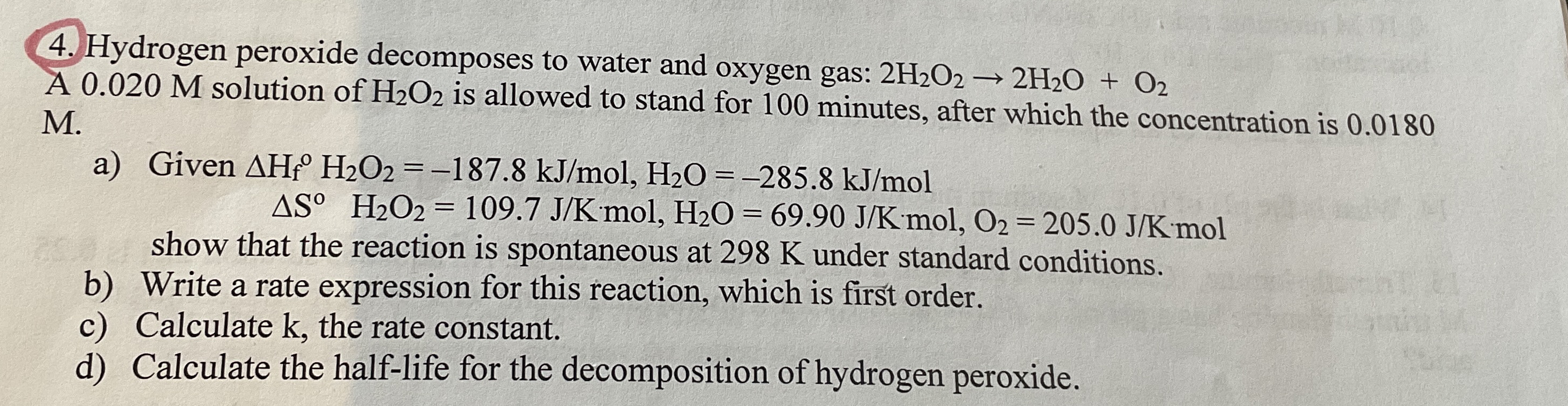 Solved Hydrogen peroxide decomposes to water and oxygen gas: | Chegg.com