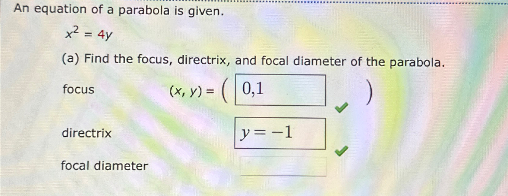 Solved An equation of a parabola is given.x2=4y(a) ﻿Find the | Chegg.com
