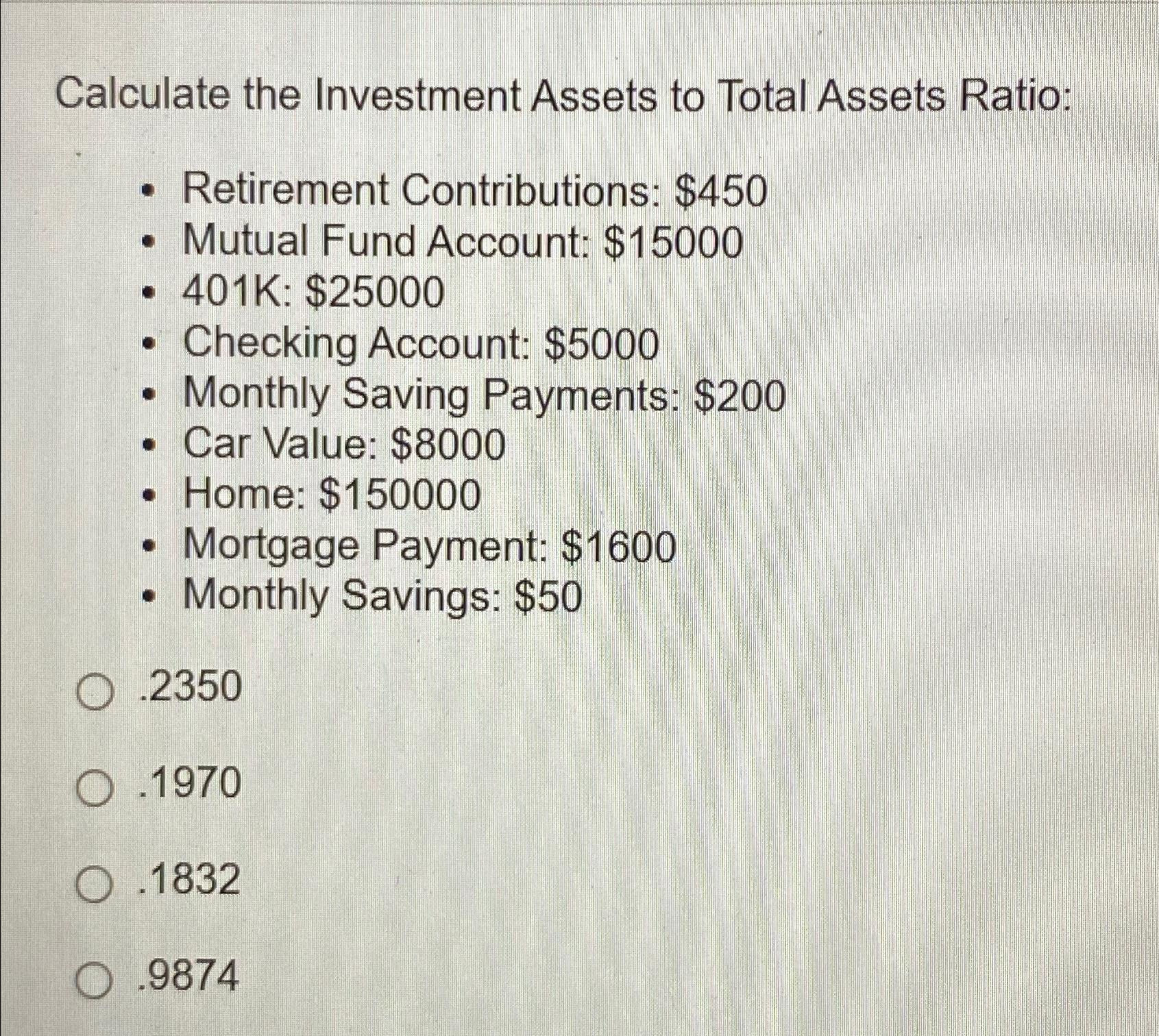 Solved Calculate the Investment Assets to Total Assets | Chegg.com