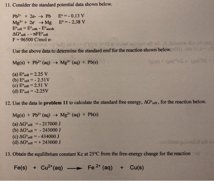 Solved 11. Consider the standard potential data shown below. | Chegg.com