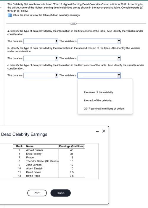 Solved The Celebrity Net Worth website listed "The 13 | Chegg.com