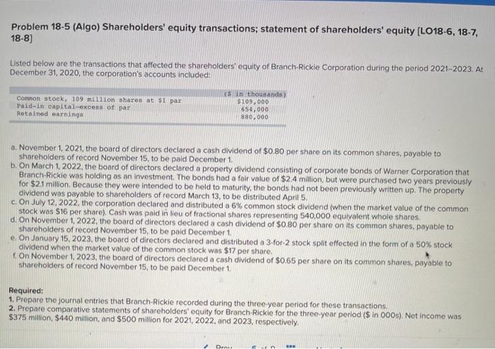 Solved Problem 18-5 (Algo) Shareholders' equity | Chegg.com