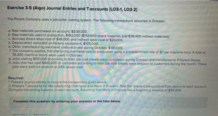 Solved Exercise 3-5 (Algo) Journal Entries and T-accounts | Chegg.com