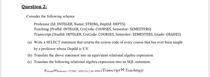 Solved Question 2: Consider the following schema: Professor | Chegg.com