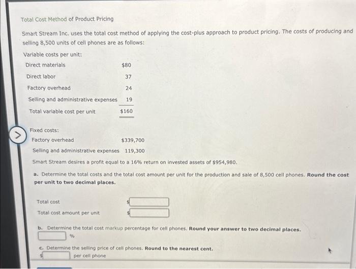Solved Total Cost Method of Product Pricing Smart Stream | Chegg.com