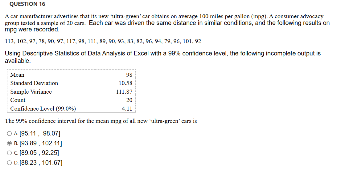 Solved QUESTION 16A car manufacturer advertises that its new | Chegg.com