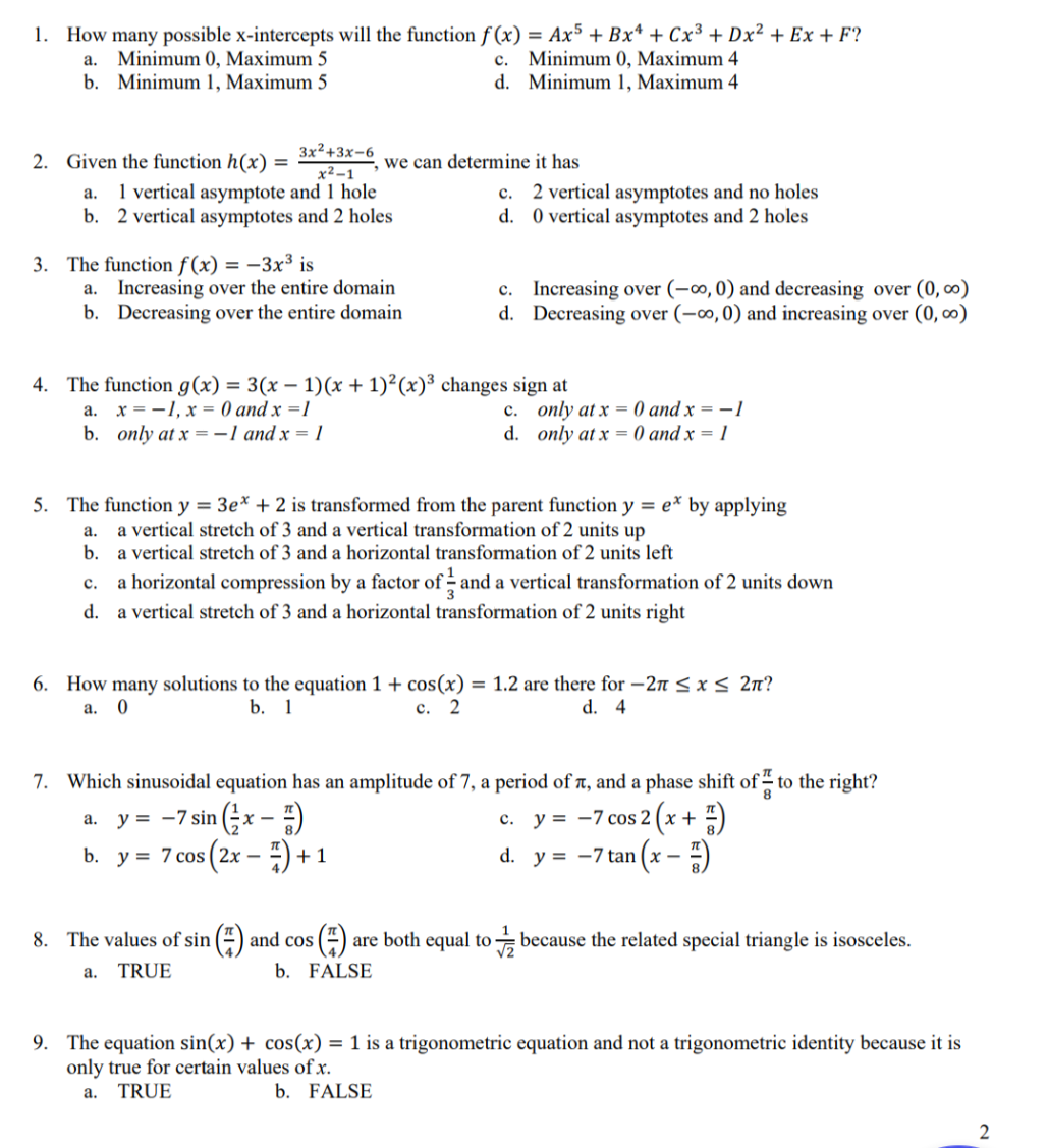 Solved 1. ﻿How many possible x-intercepts will the function | Chegg.com