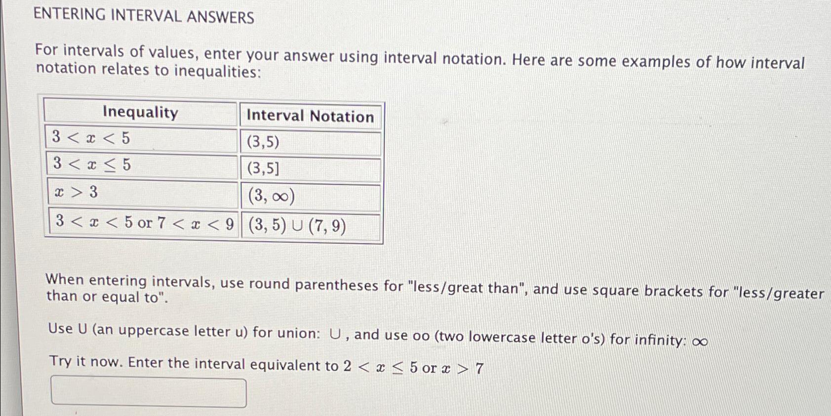 Solved ENTERING INTERVAL ANSWERSFor intervals of values, | Chegg.com