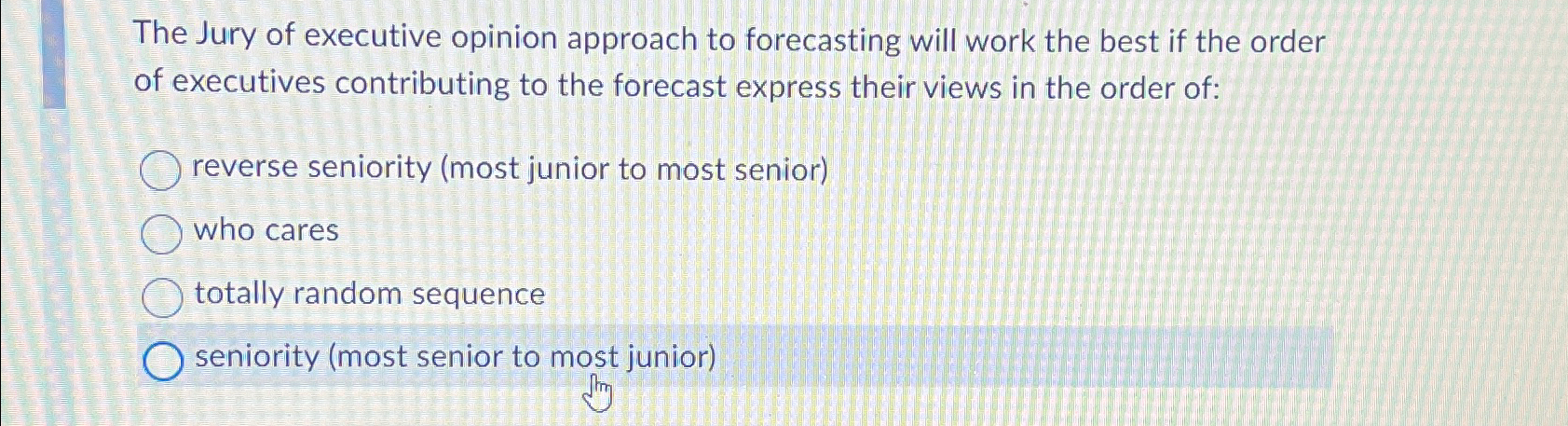 Solved The Jury of executive opinion approach to forecasting | Chegg.com
