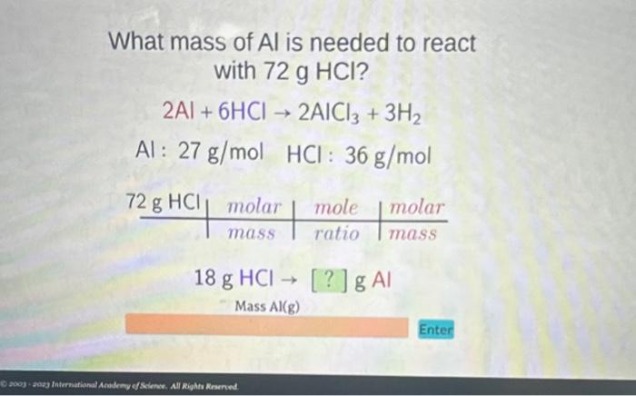 Solved What mass of Al is needed to react with 72 gHCl ? | Chegg.com