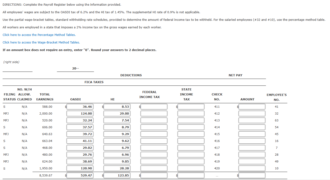 Solved DIRECTIONS: Complete the Payroll Register below using | Chegg.com