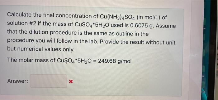 Solved Calculate the final concentration of Cu(NH3)4SO4 (in | Chegg.com