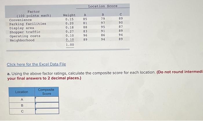 Solved Click here for the Excel Data File a. Using the above | Chegg.com