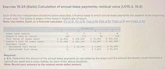 Solved Exercise 15−24 (Static) Calculation of annual lease | Chegg.com