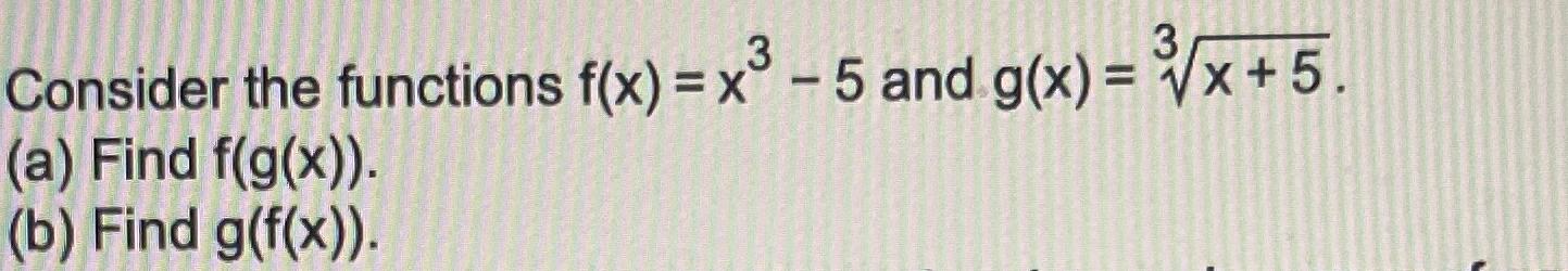 Solved Consider the functions f(x)=x3-5 ﻿and g(x)=x+53(b) | Chegg.com