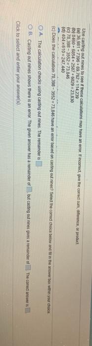 Solved Use casting out nines to see if these calculations | Chegg.com