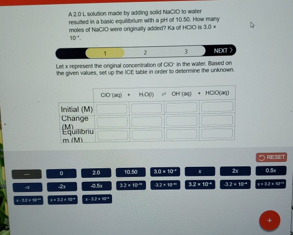 Solved A 2.0 L solution made by adding solid NaClO to water | Chegg.com