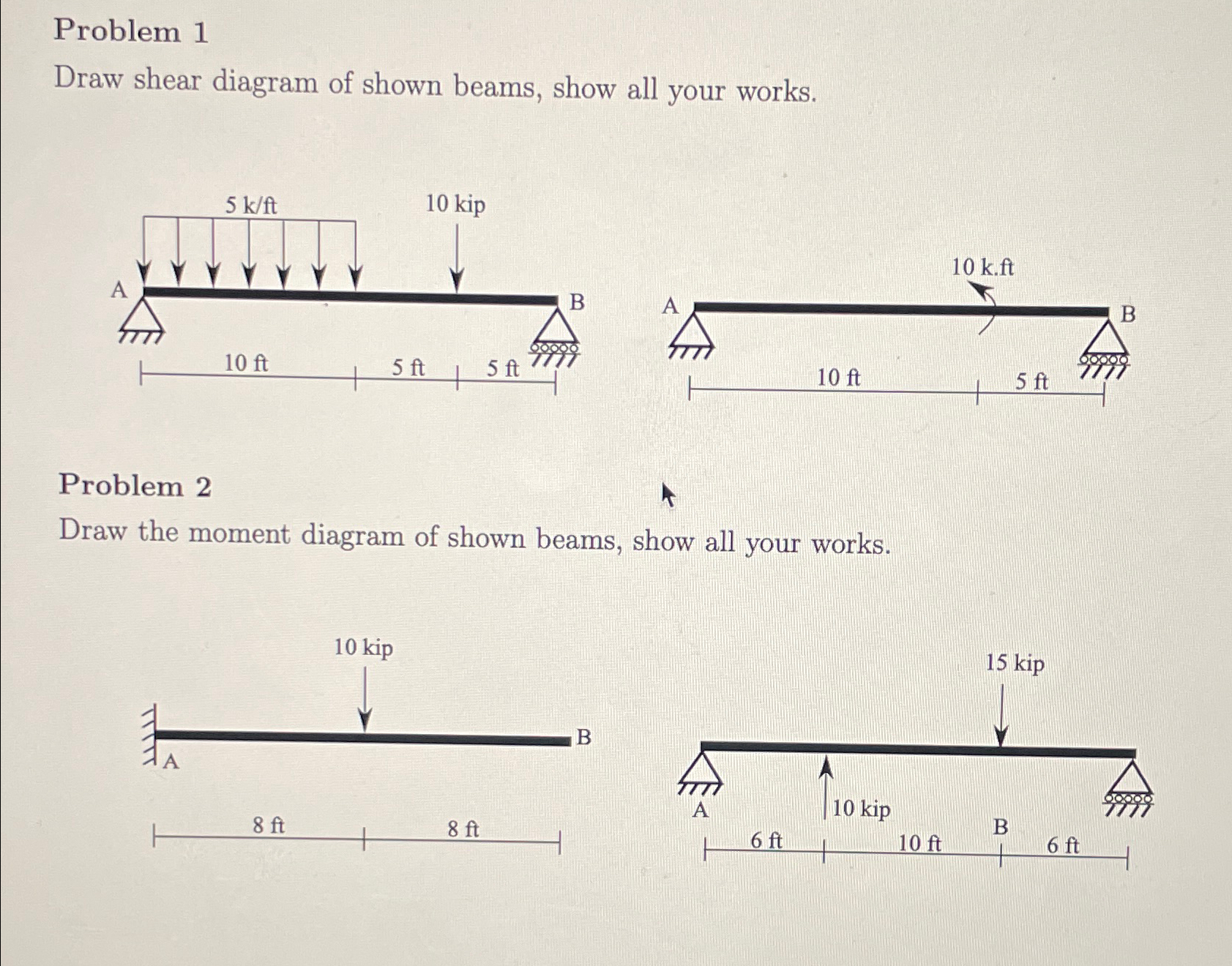 Solved Problem 1Draw shear diagram of shown beams, show all | Chegg.com