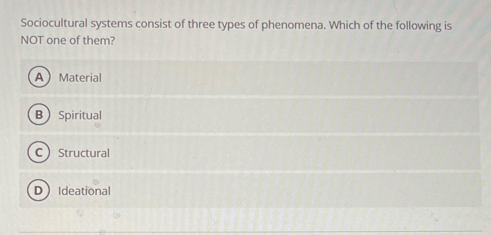 Solved Sociocultural systems consist of three types of | Chegg.com