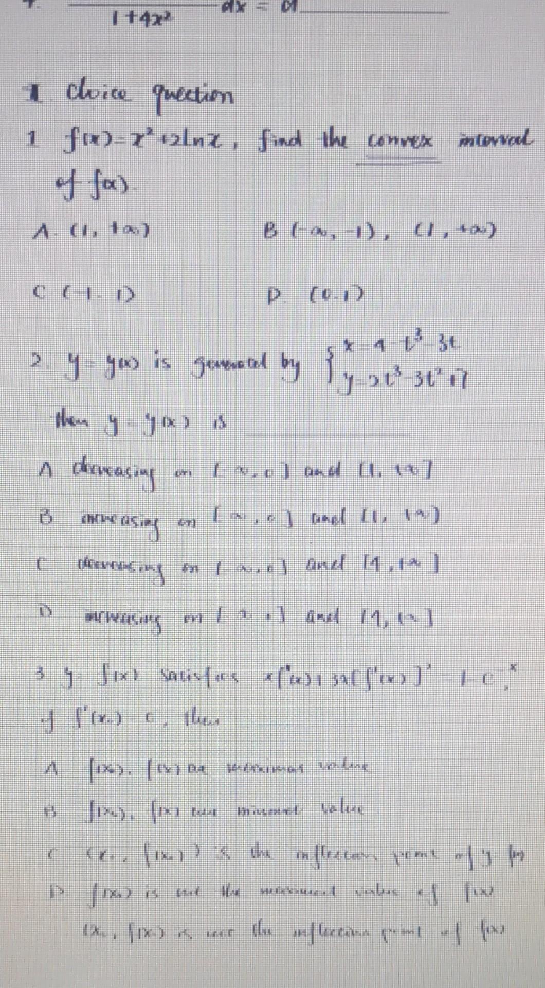 Solved 1. chice quection 1.f(x)=x2+2lnx, find the convex | Chegg.com