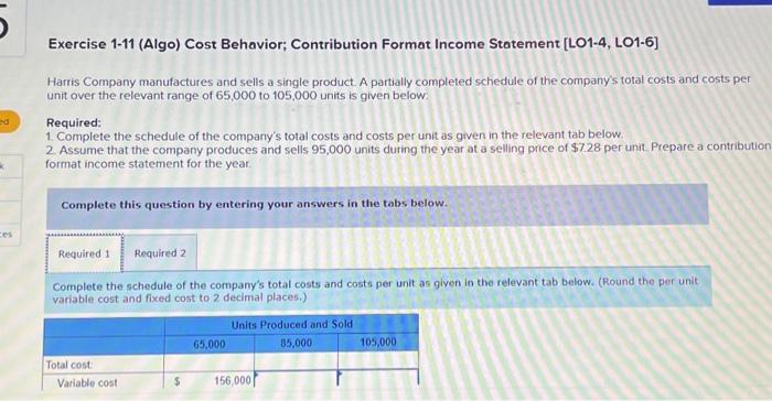 Solved Exercise 1-11 (Algo) Cost Behavior; Contribution | Chegg.com