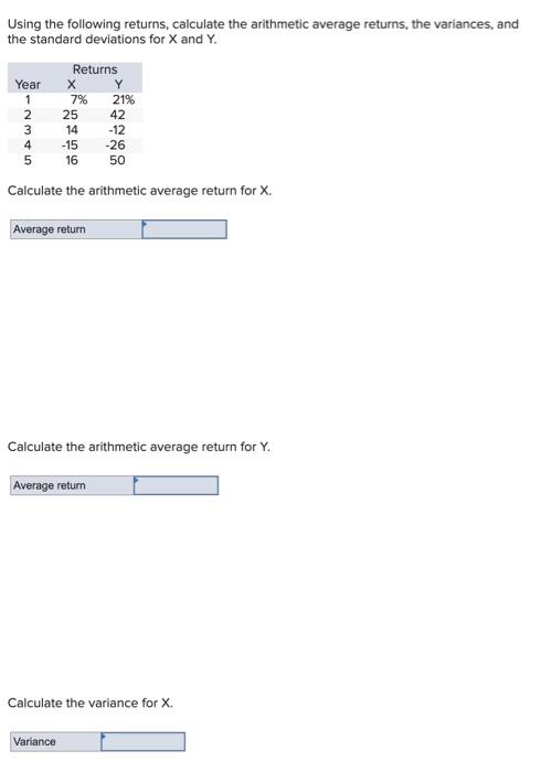 Solved Using the following returns, calculate the arithmetic | Chegg.com
