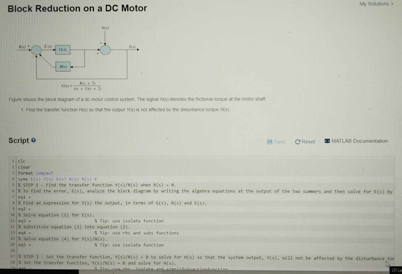 Solved Block Reduction on a DC MotorMy Solutions >Figure | Chegg.com