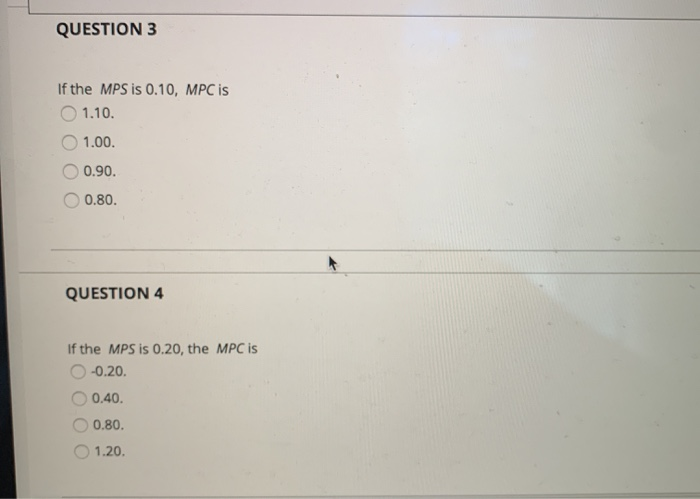 Solved QUESTION 3 If the MPS is 0.10, MPC is 1.10. 1.00. | Chegg.com