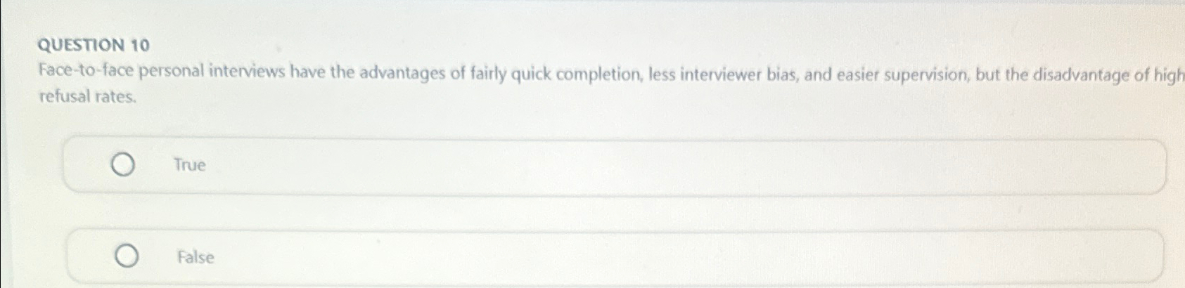 Solved QUESTION 10Face-to-face personal interviews have the | Chegg.com