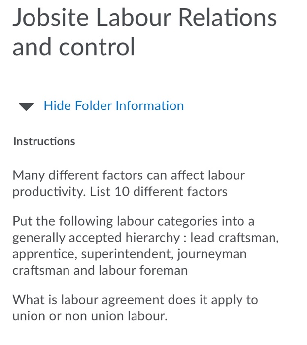 Solved Jobsite Labour Relations and control Hide Folder | Chegg.com
