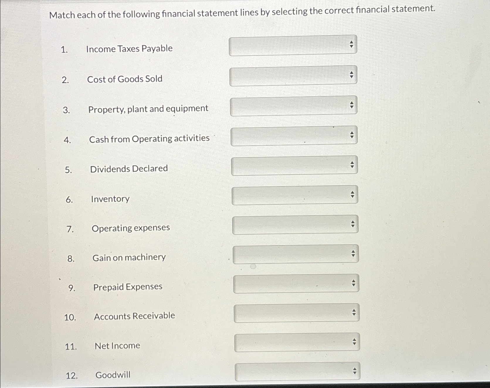 Solved Match each of the following financial statement lines | Chegg.com