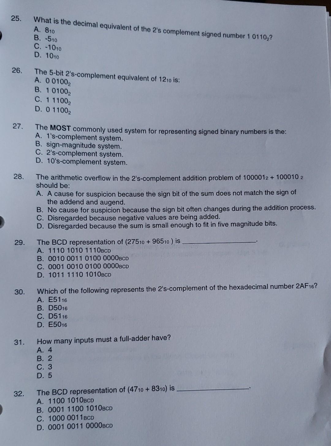Solved 25. What is the decimal equivalent of the 2's | Chegg.com