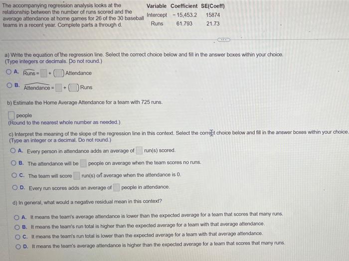 Solved a) Write the equation of the regression line. Select | Chegg.com