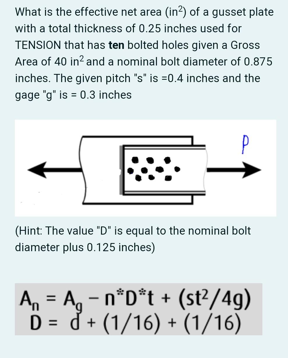 Solved What is the effective net area (in2) of a gusset | Chegg.com