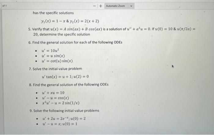 Solved has the specific solutions y1(x)=1−x&y2(x)=2(x+2) 5. | Chegg.com