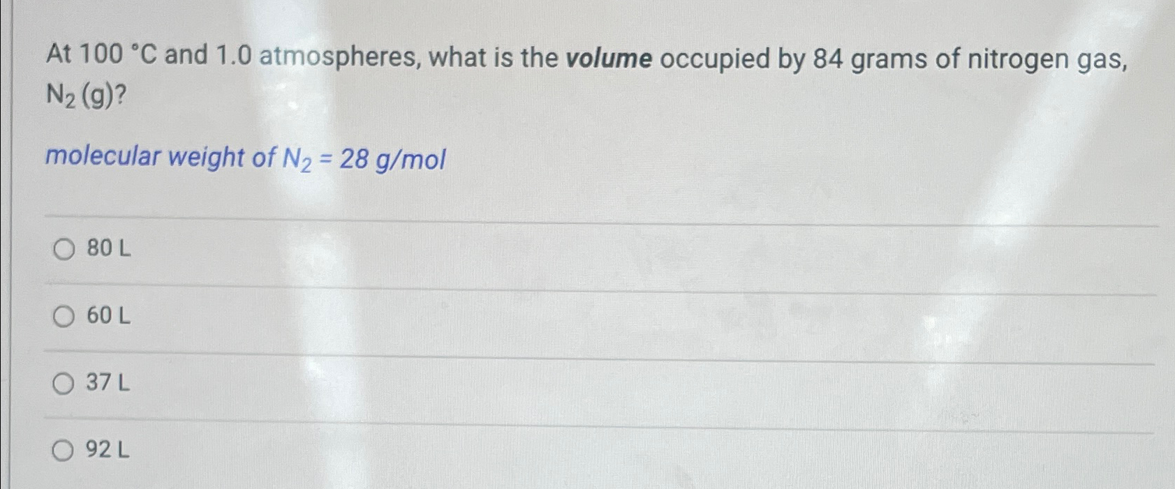 Solved At 100°C ﻿and 1.0 ﻿atmospheres, what is the volume | Chegg.com