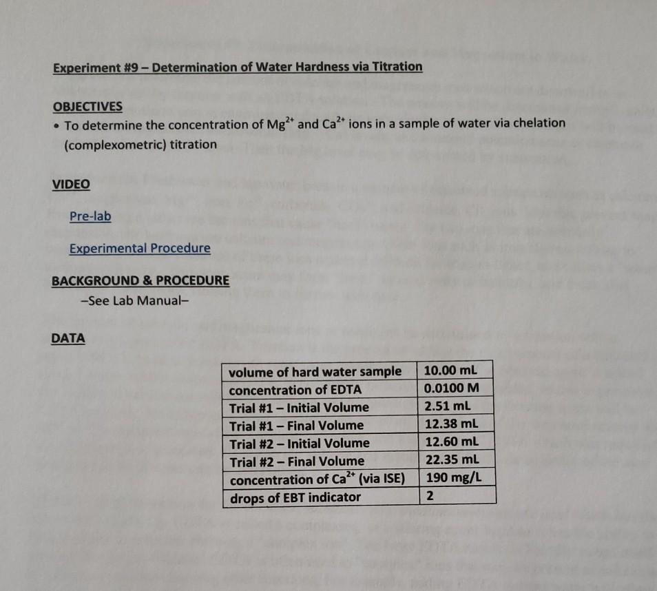 Solved Experiment #9 - Determination of Water Hardness via | Chegg.com