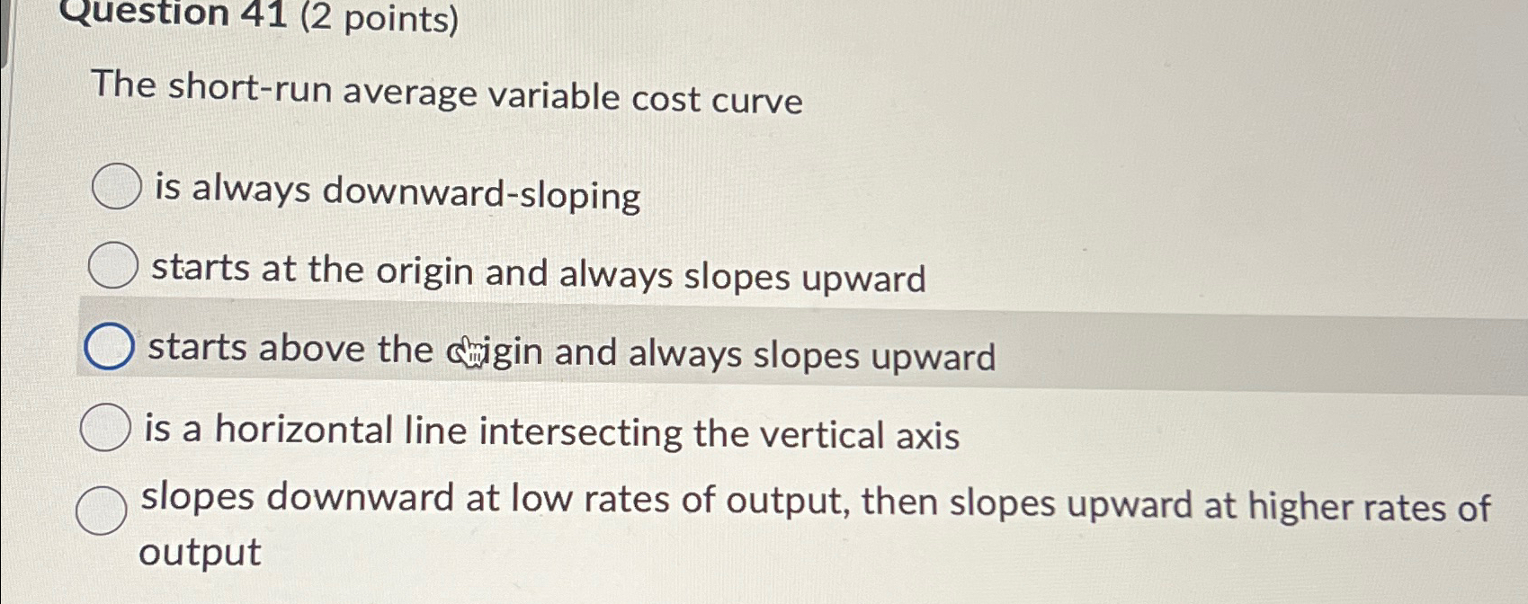 Solved Question 41 (2 ﻿points)The short-run average variable | Chegg.com