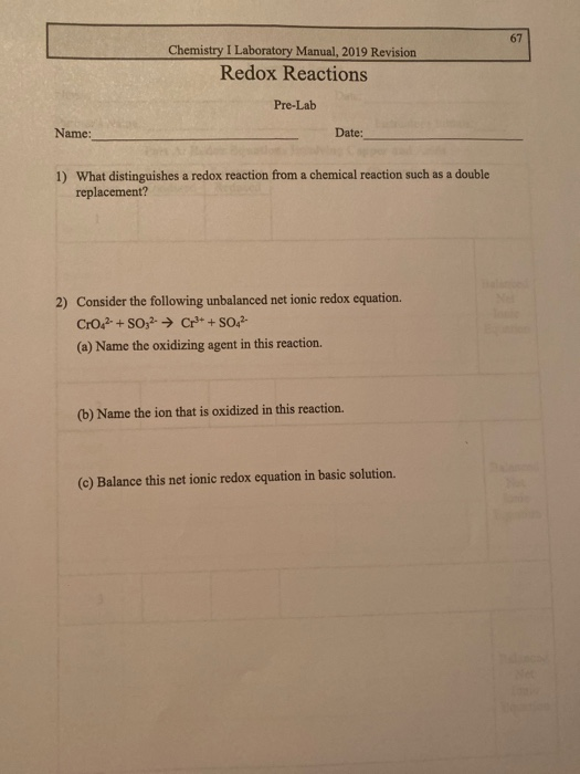 Solved Chemistry I Laboratory Manual, 2019 Revision Redox | Chegg.com