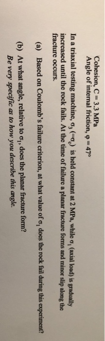 Solved Cohesion, C = 3.3 MPa Angle of internal friction, o = | Chegg.com
