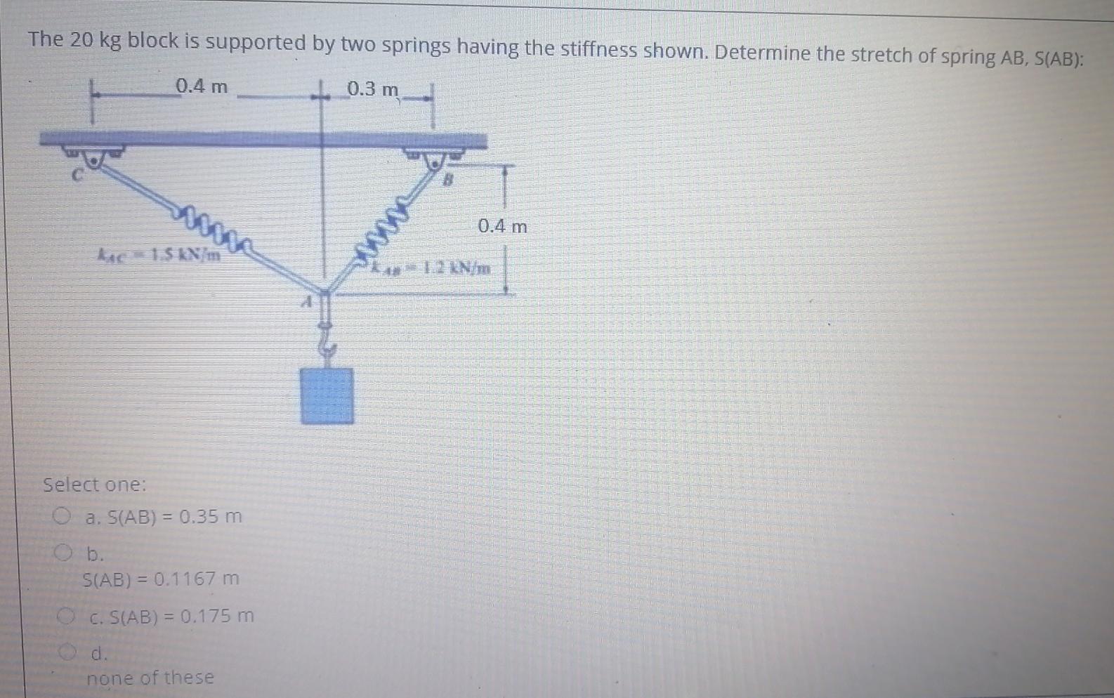 Solved The 20 kg block is supported by two springs having | Chegg.com