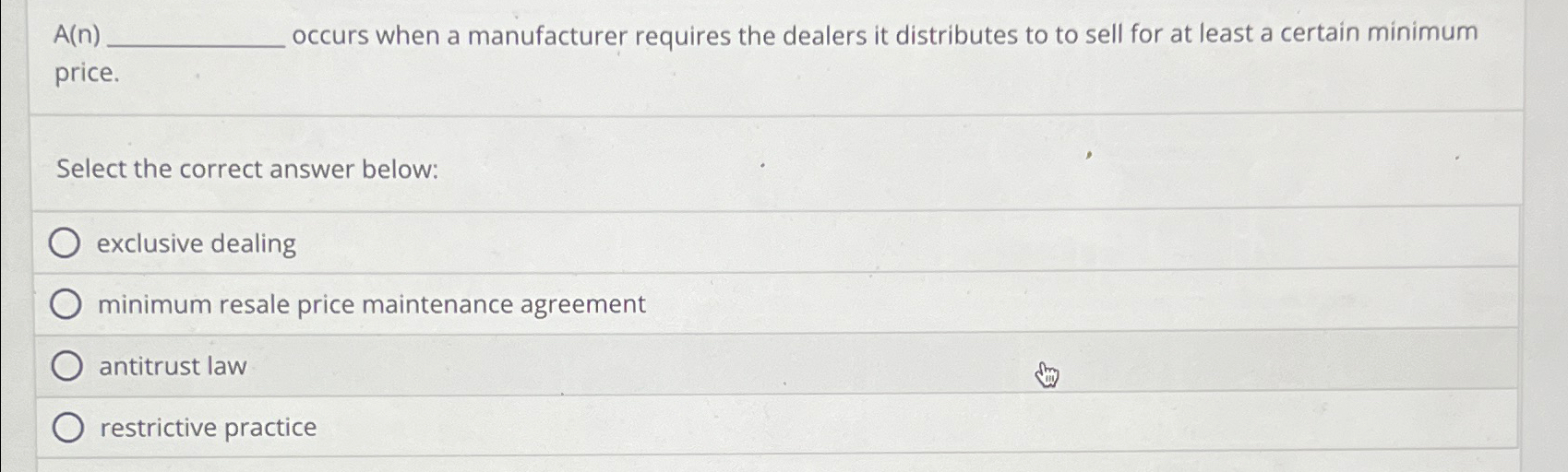 Solved A(n) ﻿occurs when a manufacturer requires the dealers | Chegg.com