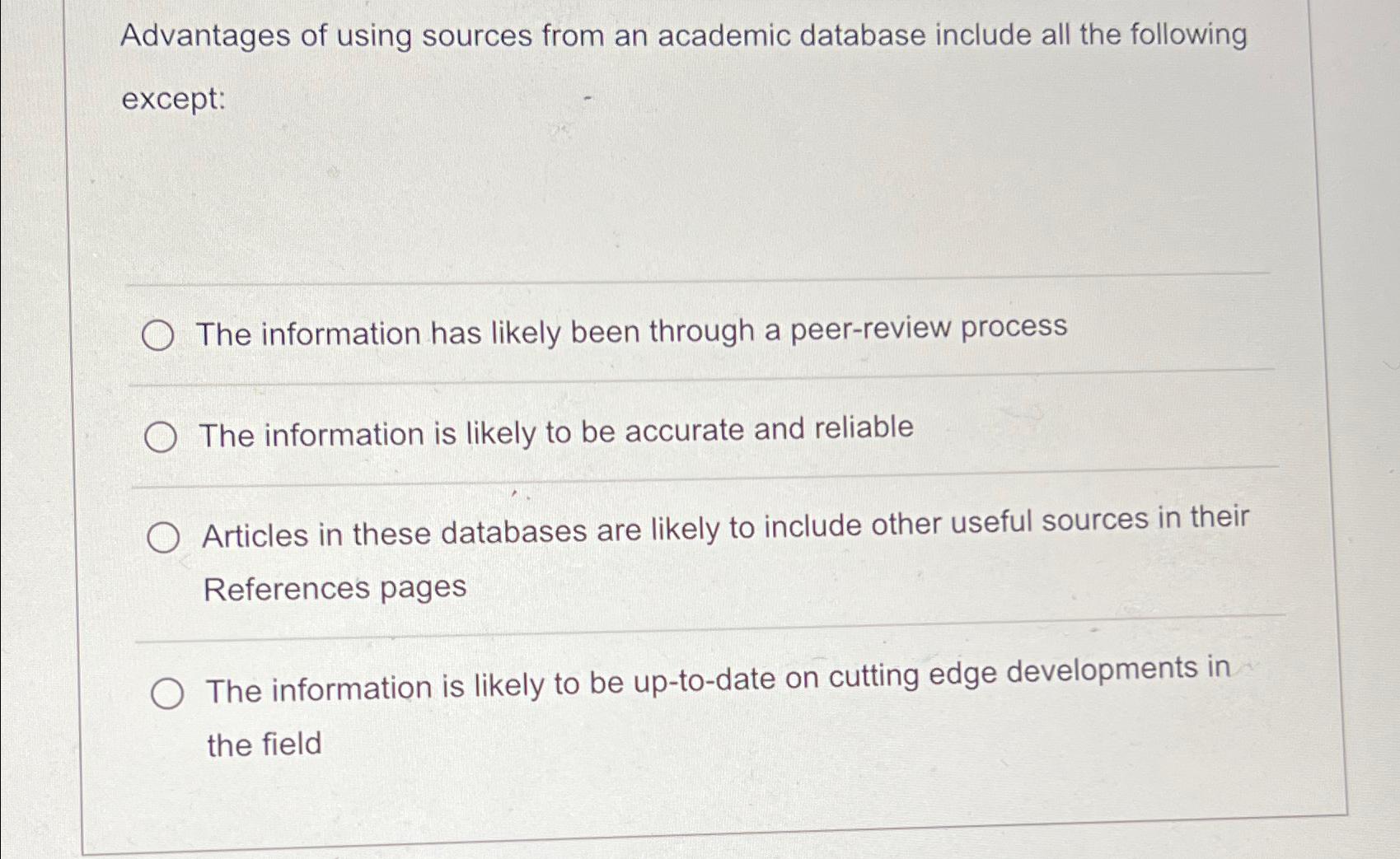 Solved Advantages of using sources from an academic database | Chegg.com
