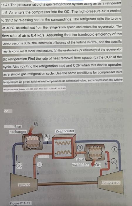 Solved 11-71 The pressure ratio of a gas refrigeration | Chegg.com
